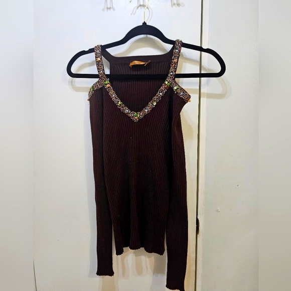 Belldeni | Sweaters | Belldini Bedazzled Neck Cold Shoulder Sweater ...